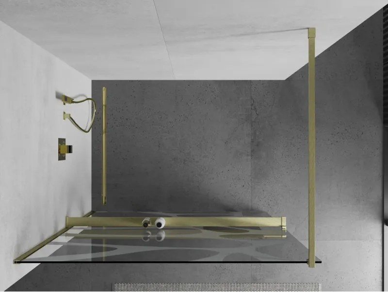 Mexen Kioto+, sprchová zástěna Walk-In s poličkou a věšákem 120 x 200 cm, 8mm čiré sklo bílý vzor, zlatý matný profil, 800-120-121-55-97