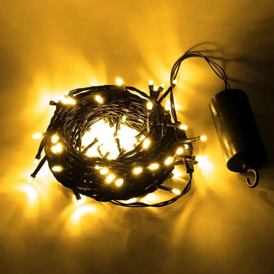 LED světýlka na baterie, venkovní, 10,2 m, teple bílá, 100 diod, tmavě zelný kabel, IP44, 4×AA