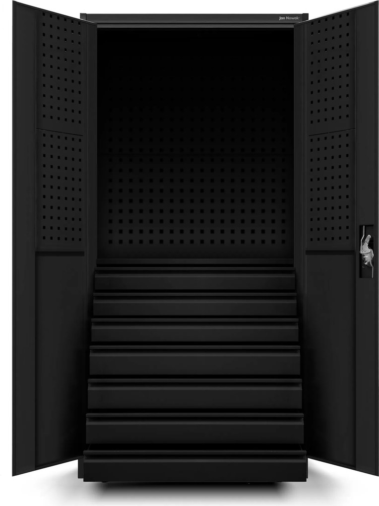 Dílenská skříň s perforovanými panely a zásuvkami, černá, 920x1850x500 mm: DAREK All Black
