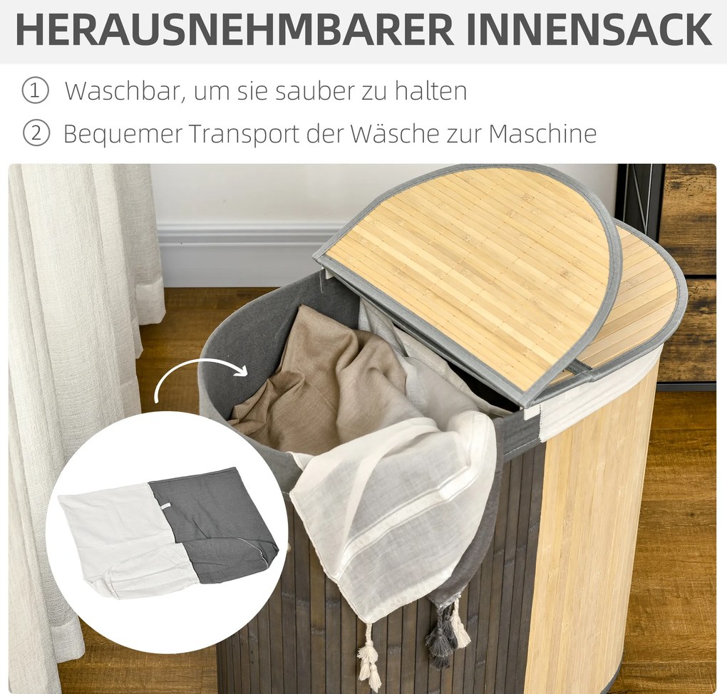 HOMCOM Koš na prádlo z bambusu s kapacitou 100L a víkem, s odnímatelným pytlem se 2 přihrádkami 62,5x37x60,5 cm Šedý a přírodní