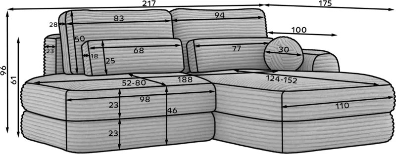Rohová sedací souprava Ripeli s funkcí spaní a úložným prostorem, světle šedý samet, pravé provedení