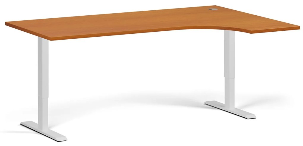 Rohový výškově nastavitelný stůl, 180x120 cm, 1 motor, L/P, bílá podnož, třešeň