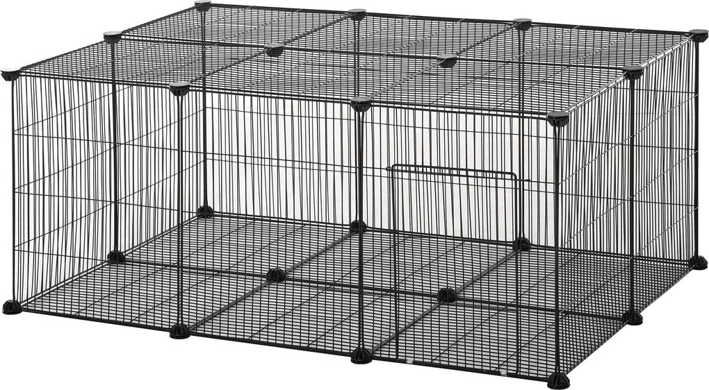 PawHut DIY Výběh pro malé zvířata s 22 síťovými panely a dveřmi pro králíky a morčata 105x70x45 cm Černý