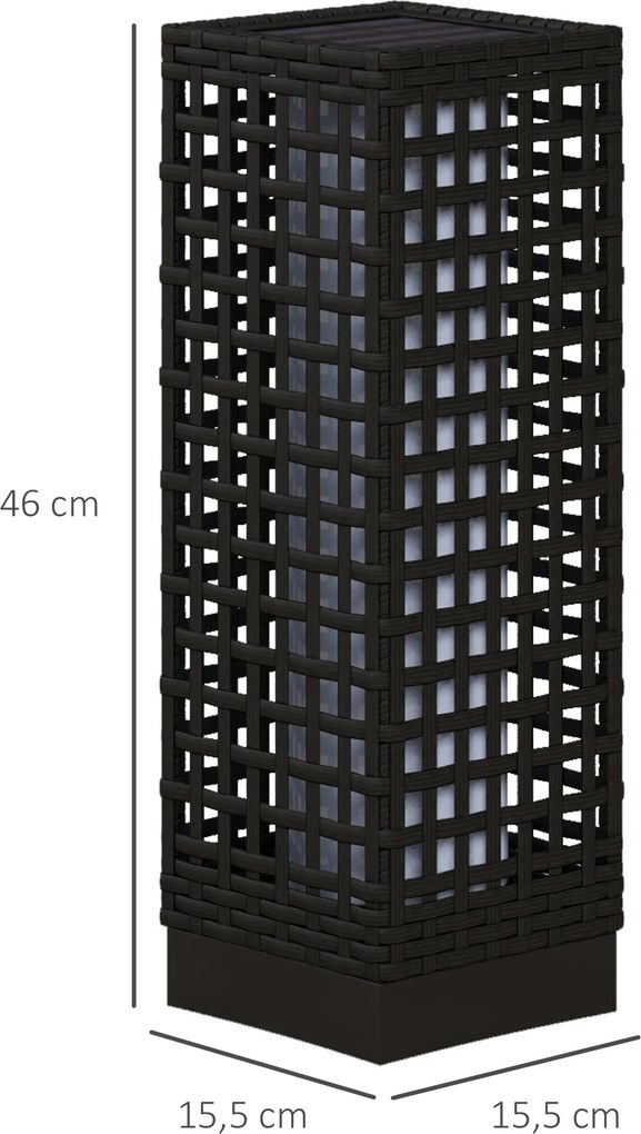 Outsunny solární světlo ratanový design 15,5x15,5x46cm vodotěsné se světelným senzorem automatická zahradní LED lampa černá pro terasu a zahradu
