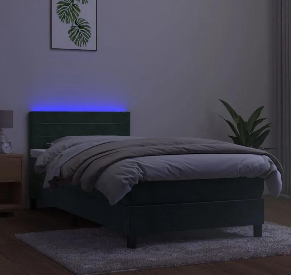 vidaXL Box spring postel s matrací a LED 90x200 cm samet [3134444] Barva: Tmavě zelená