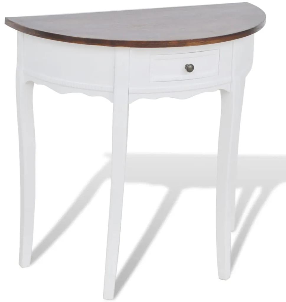 241531 vidaXL Bílý půlkruhový konzolový stolek se zásuvkou a hnědou deskou