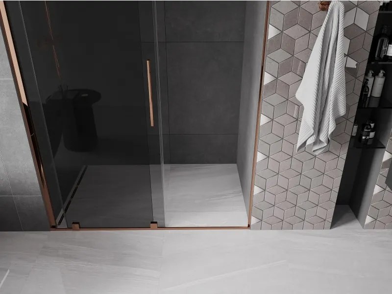 Mexen Velar, posuvné sprchové dveře do otvoru 130 cm, 8mm šedé sklo, růžové zlato, 871-130-000-41-60