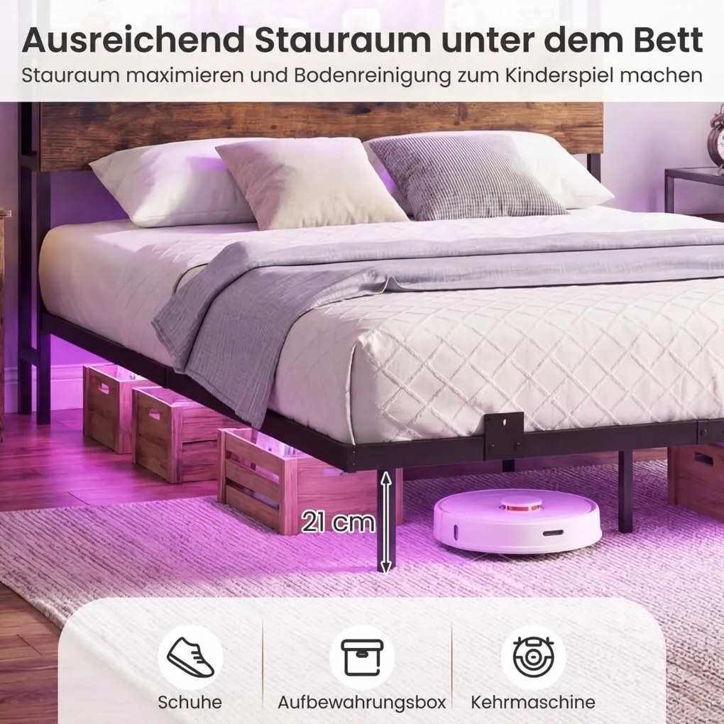 Costway Postel s nabíjecí stanicí a LED osvětlením, čelo s úložným prostorem