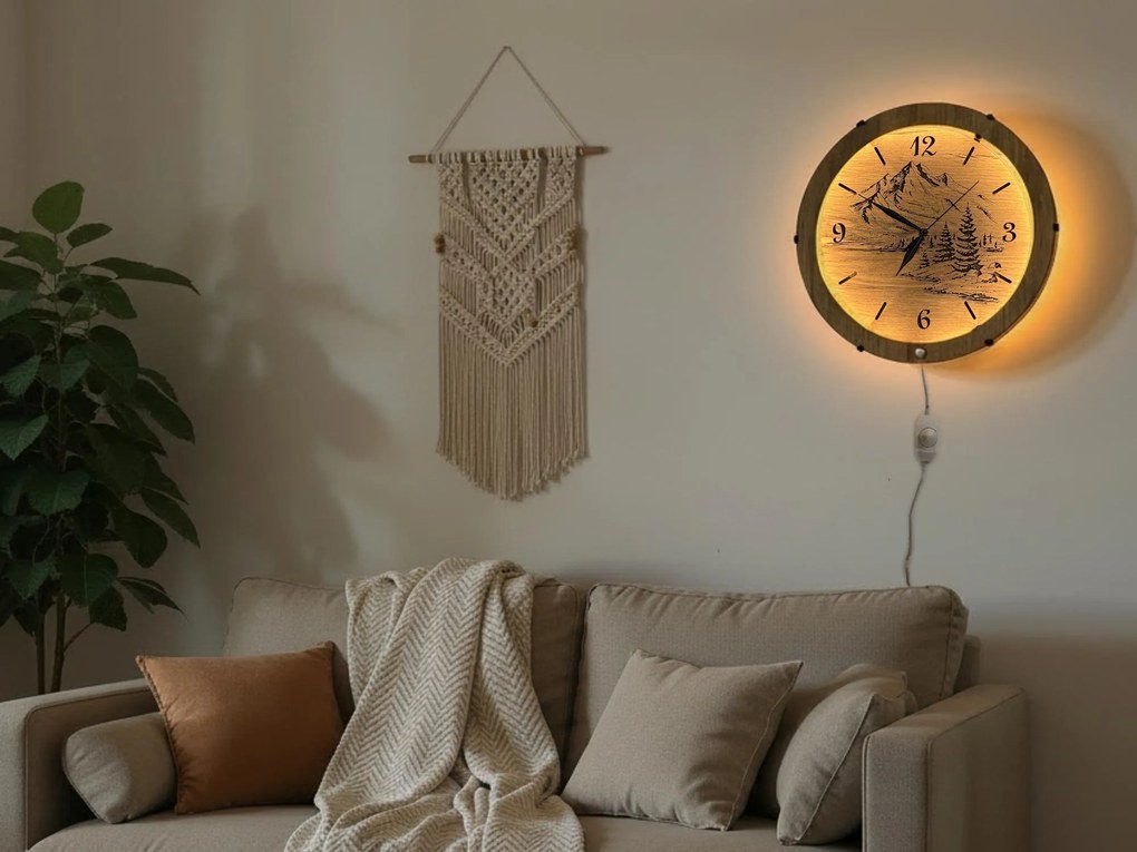 Li-Go "Hory" světelné hodiny 230V/12V/dub velikost svítidla/hodin: 50 cm