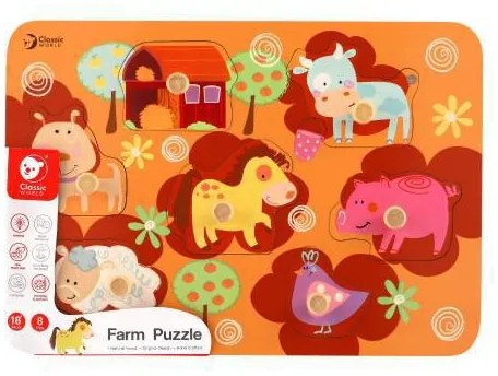 Teddies Vkládačka deskové obrysové puzzle farma dřevo 18m+