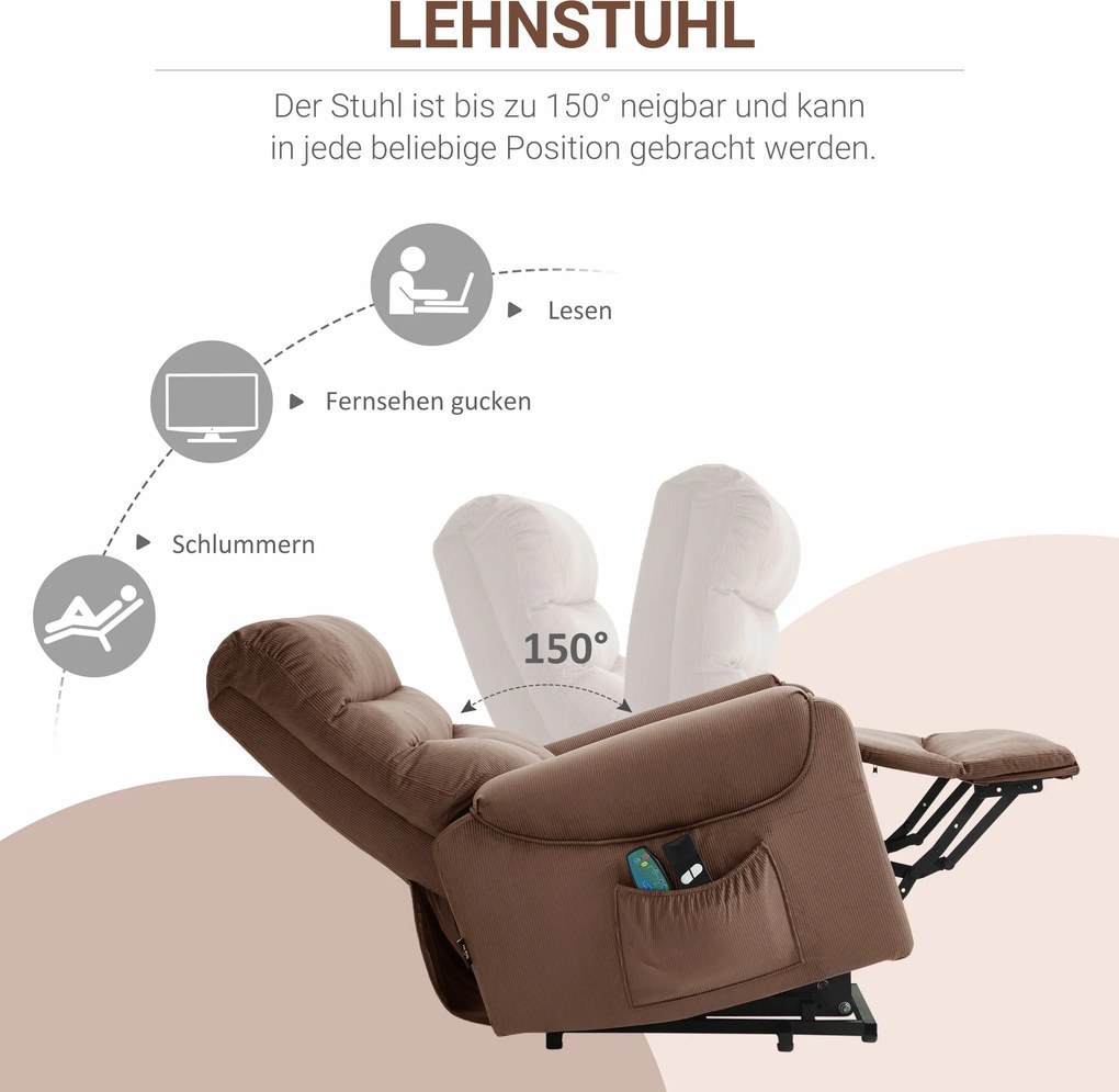 HOMCOM TV křeslo polohovací elektrické s masážní funkcí vyhřívání polohovací funkce polyester světle hnědá 79x97x103cm pro pohodlí a relaxaci