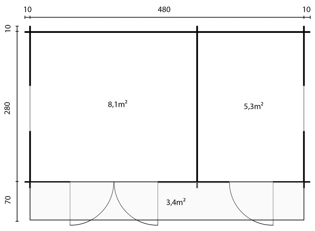 Domek Elvis 300x500cm, 2 pokoje, terasa, 70mm