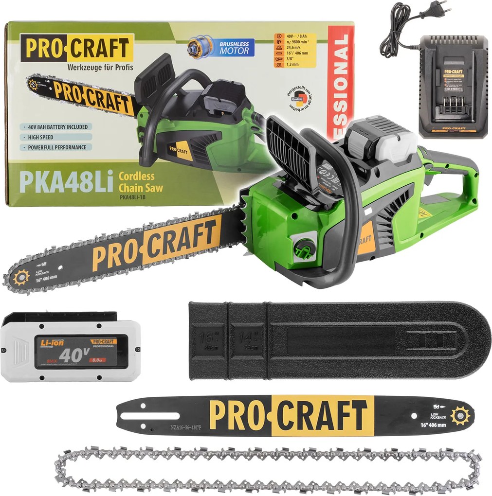 Procraft PKA48Li 20V SET - akumulátorová řetězová píla (s 8,0 Ah akumulátorem a nabíječkou)