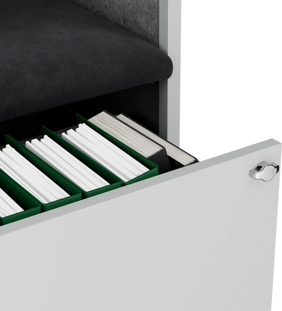 Kancelářská akustická kabina se sedátkem a USB-C portem, korpus šedý / sedák tmavě šedá, 600 mm: SALLY MentalBox
