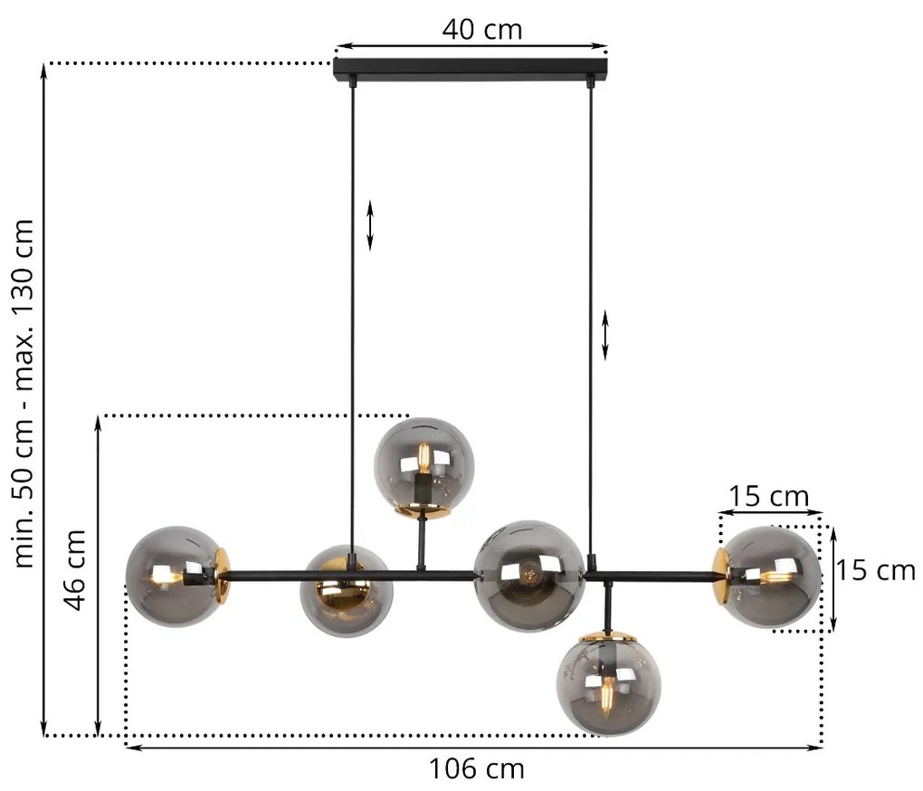 Závěsné svítidlo Paris, 6x grafitové skleněné stínítko, B/G