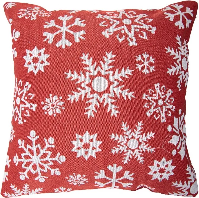 Bílo-červený dekorační polštář se sněhovými vločkami - 44*44*4 cm