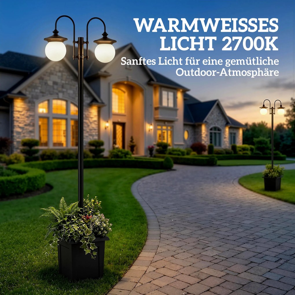 Outsunny Solární lucerna stojací lampa, výška nastavitelná 182 cm, venkovní zahradní lucerna se 2 hlavami, květináč, světelný senzor, vypínač, IP44