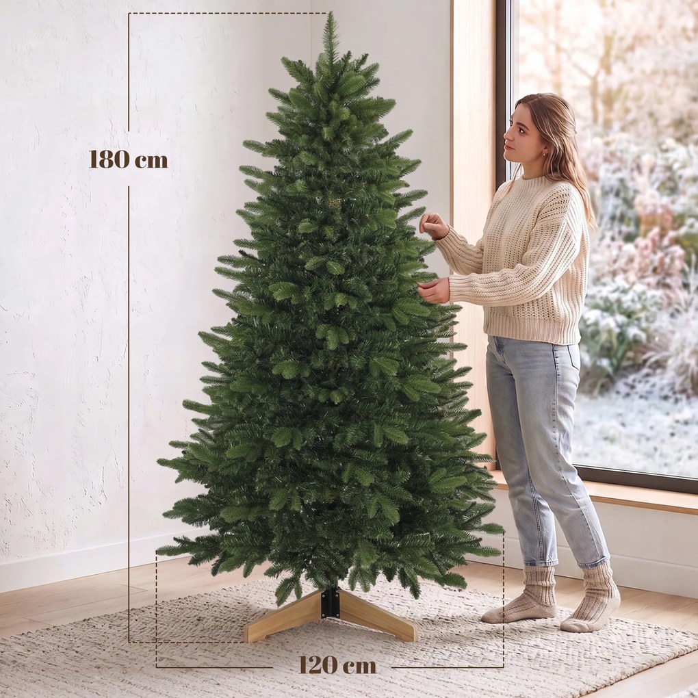 HOMCOM Umělý vánoční stromek 180 cm, jedle Fraser s dřevěným stojanem, 988 realistických špiček větviček pro domácnost a kancelář, zelený