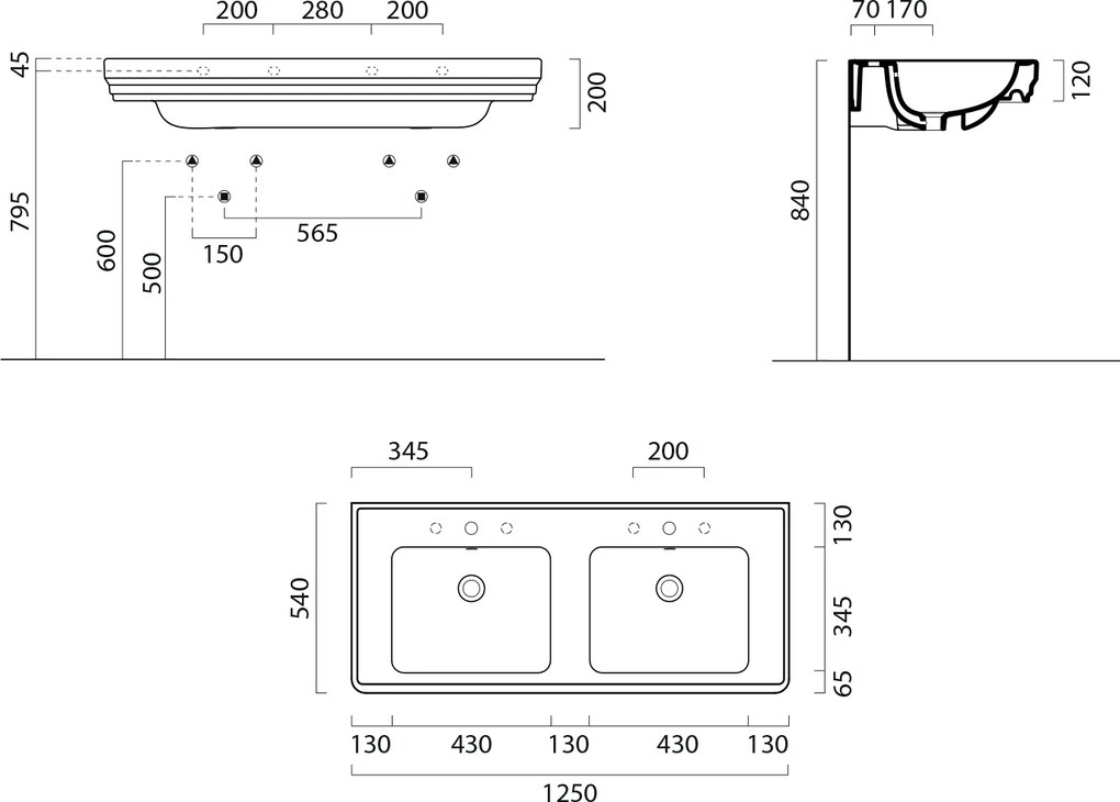GSI GSI, CLASSIC keramické dvojumyvadlo 125x54cm, bílá ExtraGlaze, 8725111