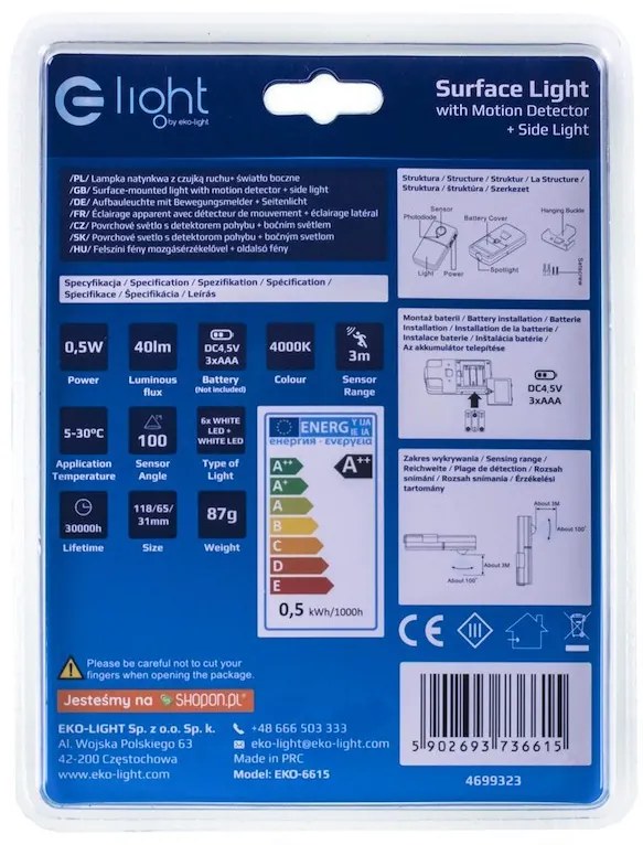 LED svítidlo + boční světlo, 1x LED 0,5w 4000k, w, pohybový senzor