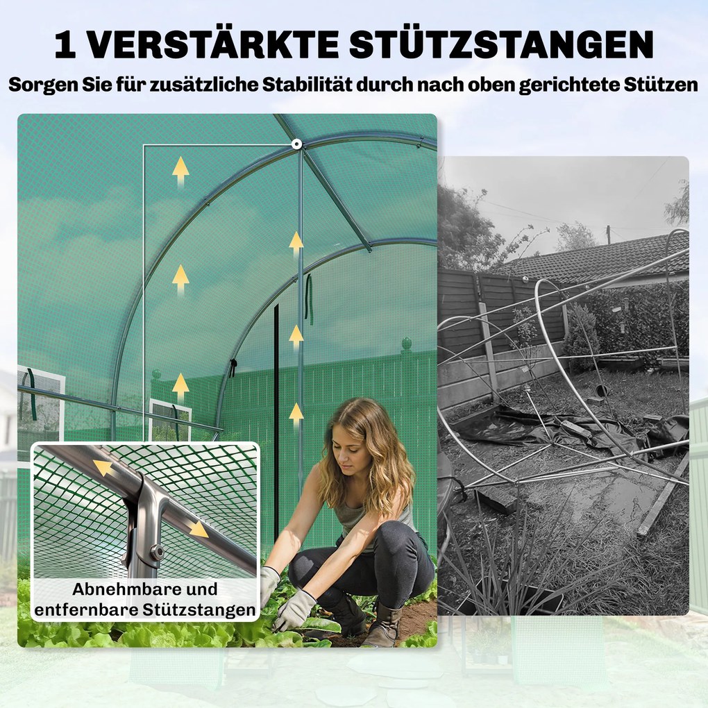 Outsunny Skleník 3 x 2 m Fóliový skleník s rolovacími dveřmi na 2 zipy a 6 okny ze síťoviny Podpěrné tyče Zelená barva