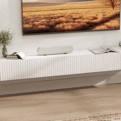 HOMCOM Zavěšený TV nábytek 180 cm, TV nábytek pro televizory až do 183 cm, 2 sklápěcí dveře, 180x25x22 cm, bílá