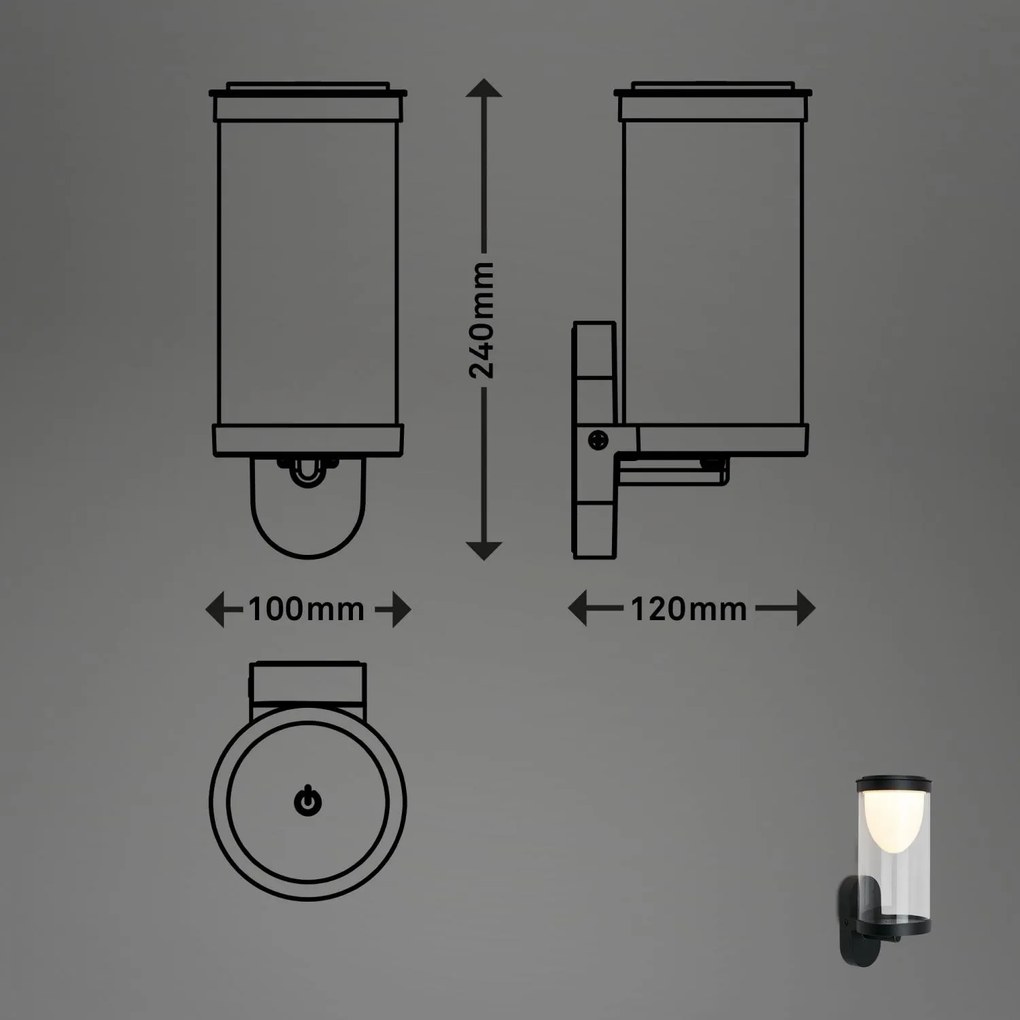BRI 3930015 LED nabíjecí nástěnné svítidlo, venkovní, dotykový vypínač, vyměnitelné baterie, vč. USB-C kabelu, stmívatelné, IP44, černé - BRILONER