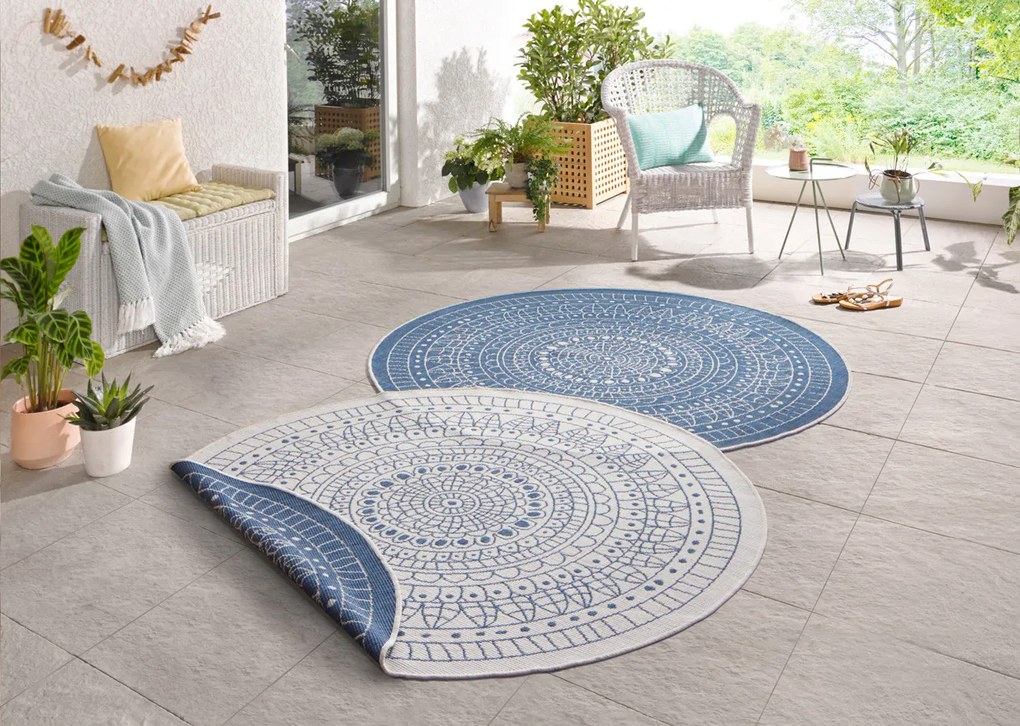 NORTHRUGS - Hanse Home koberce Kusový koberec Twin-Wendeteppiche 103104 creme blau kruh – na ven i na doma - 200x200 (průměr) kruh cm