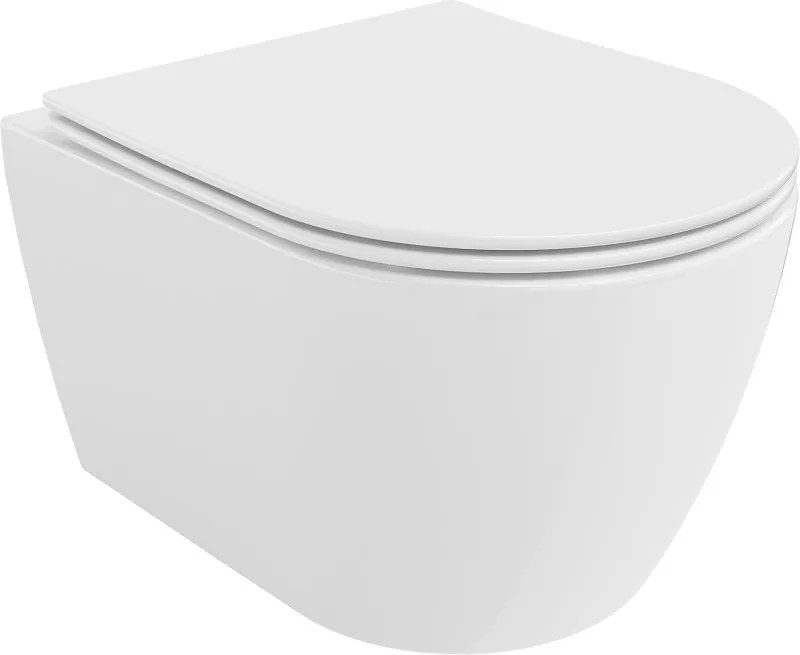 Mexen Carmen, závěsná WC mísa 490x365x340 mm, Rimless Tornádo + WC sedátko z duroplastu, bílá lesklá, 30880400T