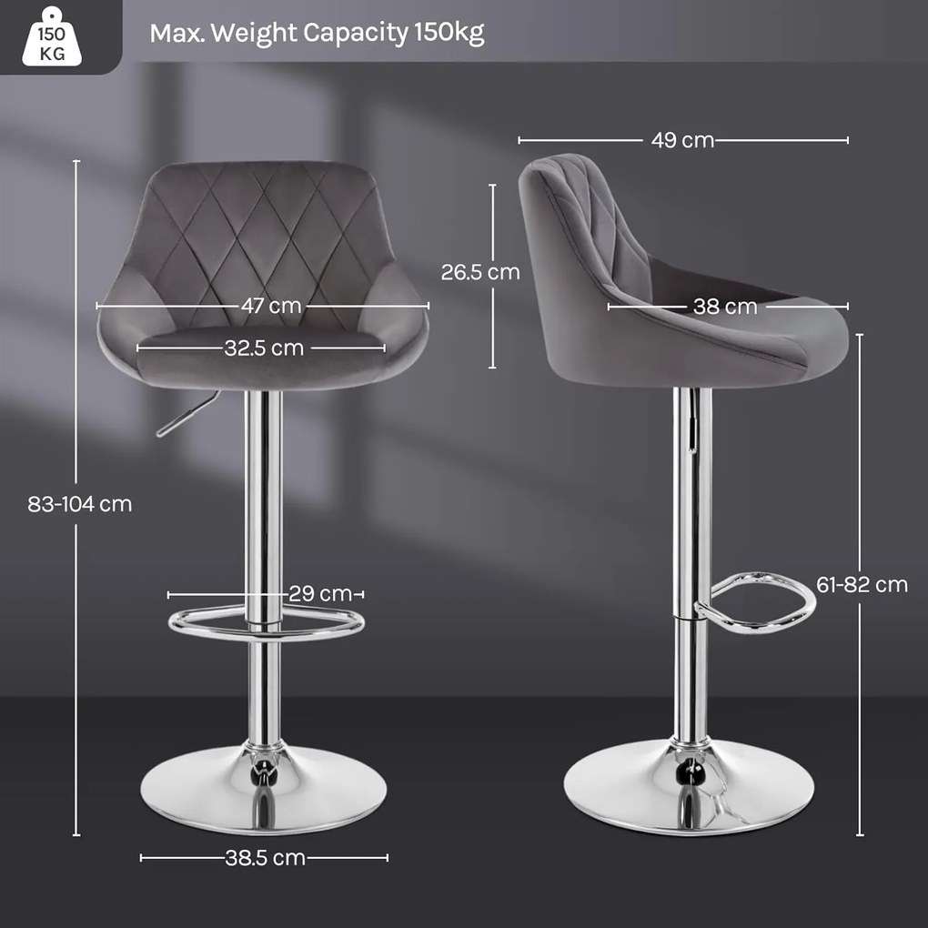 WOLTU Sada 2 barových židlí s opěradlem a opěrkou nohou, samet – antracitová