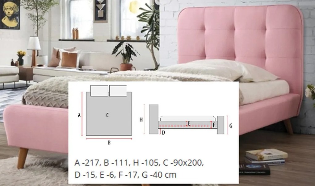 Postel TIFFANY 90x200 růžová/dub polstrování č.58