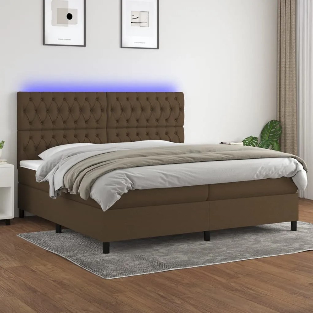 Box spring postel s matrací a LED tmavě hnědá 200x200 cm textil