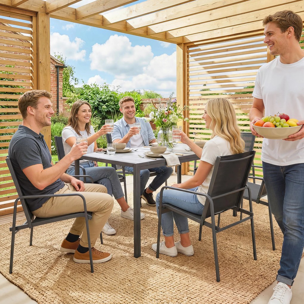 Sada zahradního nábytku sedací souprava 150 x 80 cm stůl se 6 prodyšnými židlemi vzhled dřeva ocelový rám černý