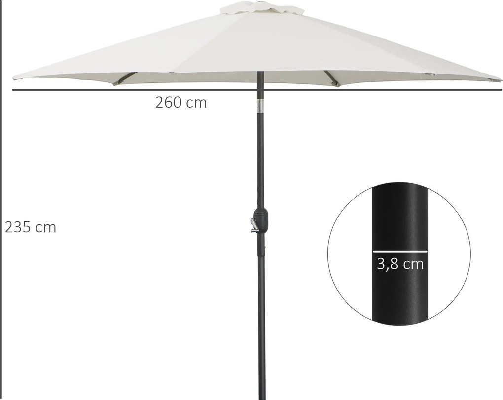 Outsunny Hliníkový Zahradní Slunečník Ø260x235 cm Sklopný Zahradní Parasol s Kličkou a 6 Kovovými Tyčemi pro Venkovní Terasu a Balkon Krémový