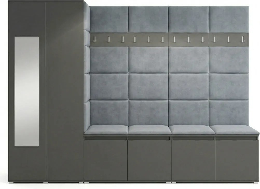 Předsíňová stěna Trinity 9 s čalouněnými panely, 290 cm, grafit/ šedá