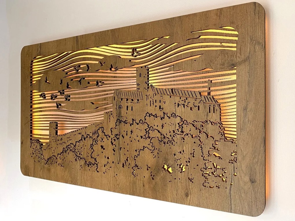 Li-Go "Bezděz" světelný obraz s baterií 100x50cm varianta: ovládání na obraze včetně dálkového ovladače, provedení: dub