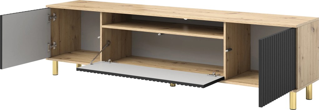 Eka Televizní skříňka GANA na kovových zlatých nožkách 200 cm, Dub Artisan/Černá