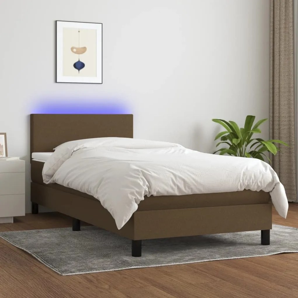 Box spring postel s matrací a LED tmavě hnědá 90x190 cm textil