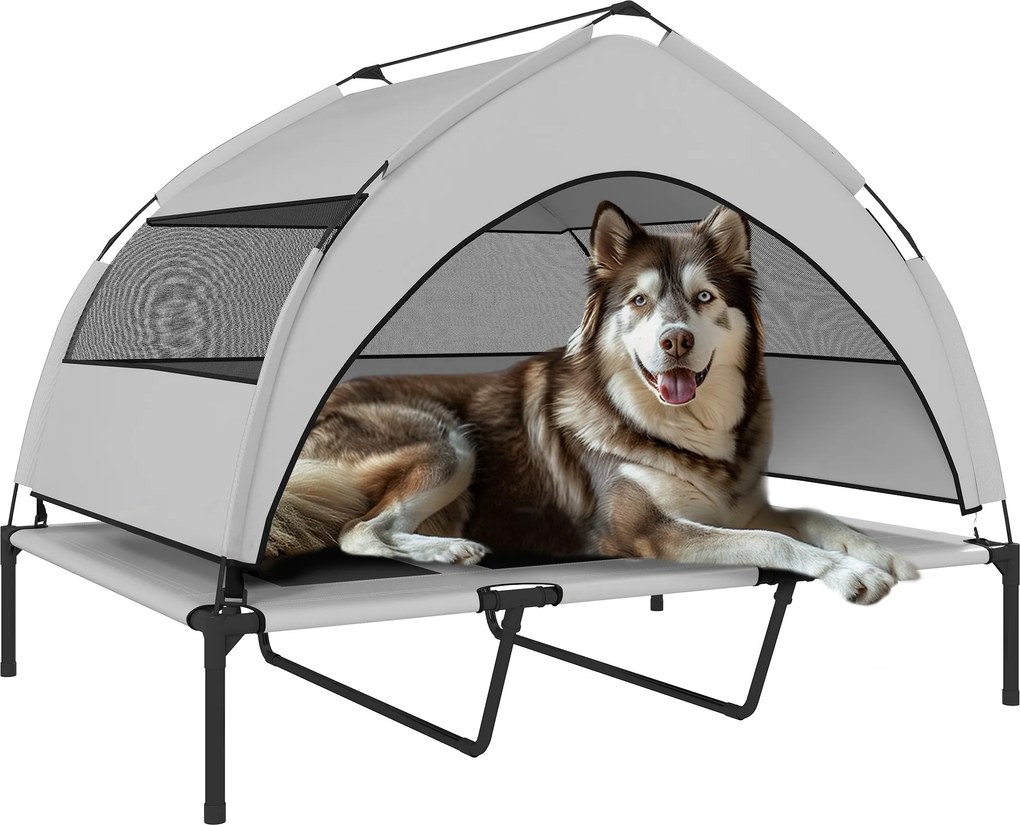 PawHut 23cm Vyvýšená Psí Postel s Odnímatelným Krytem na 3 Stranách, Velká Prodyšná Ocelová Postel pro Psy se Skládací Taškou, 122x92x94cm, Světlá Šed