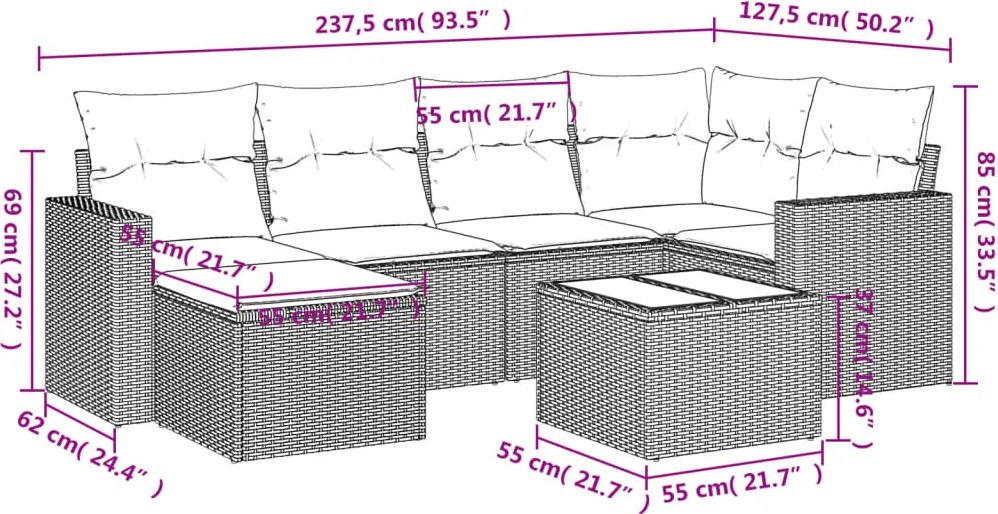 7dílná zahradní sedací souprava a podušky světle šedá polyratan 3251609