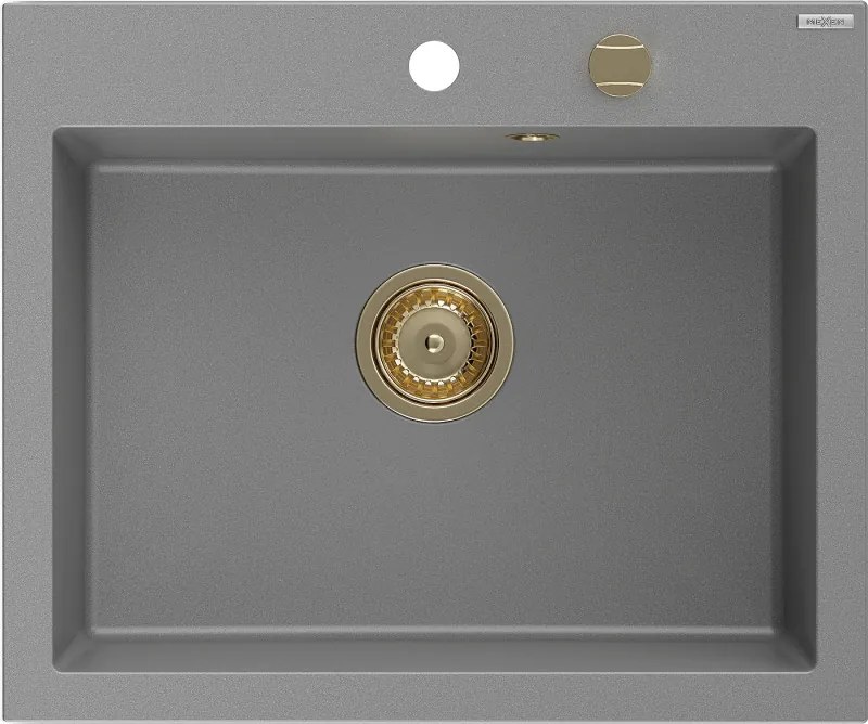Mexen Elix, 1-komorový granitový dřez 600 x 500 mm, šedý, zlatý sifon - 6525601005-71-G