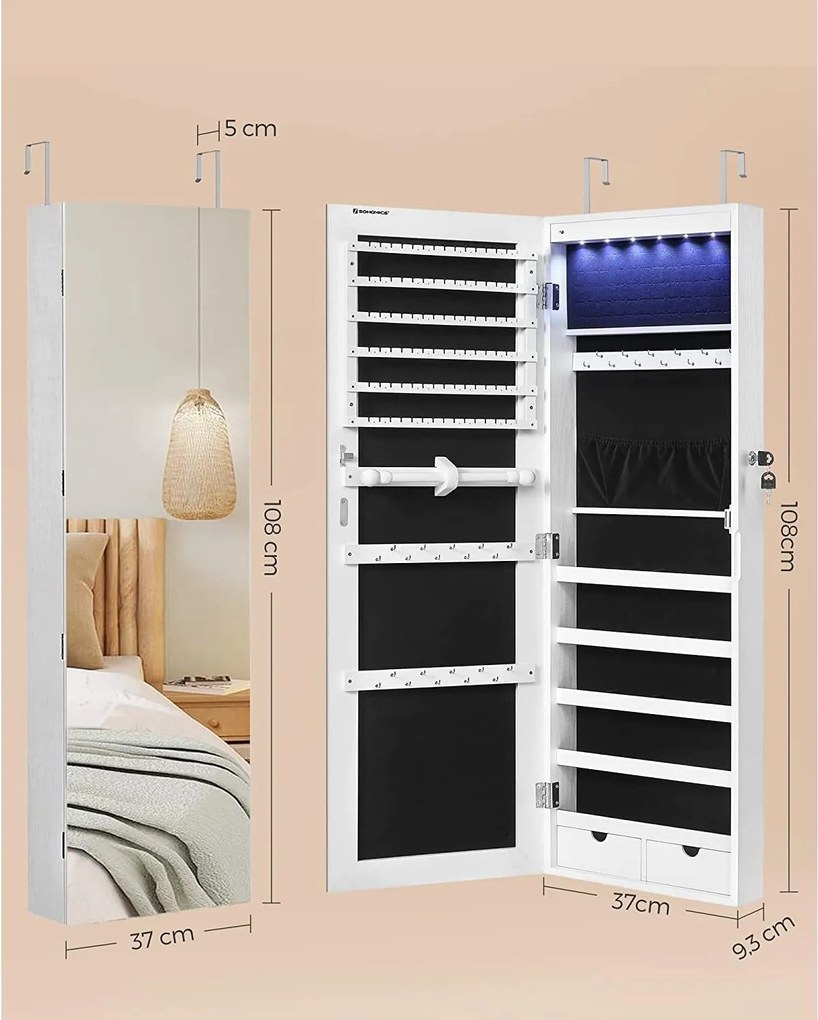 LED šperková úložná část, montovatelná na zeď nebo dveře, bílá