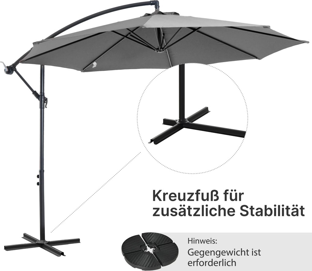 Outsunny slunečník na kliku s ocelovou konstrukcí a polyesterovou tkaninou šedý Ø2,95x2,45m na zahradu terasu balkon |