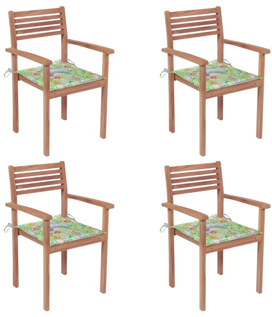 vidaXL Zahradní židle 4 ks podušky se vzorem listů masivní teak