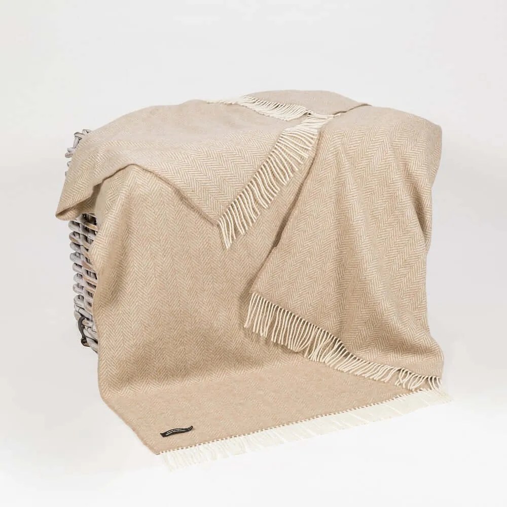 Deka XXL Merino vlna / kašmír Beige Herringbone 220 x 136 cm John Hanly