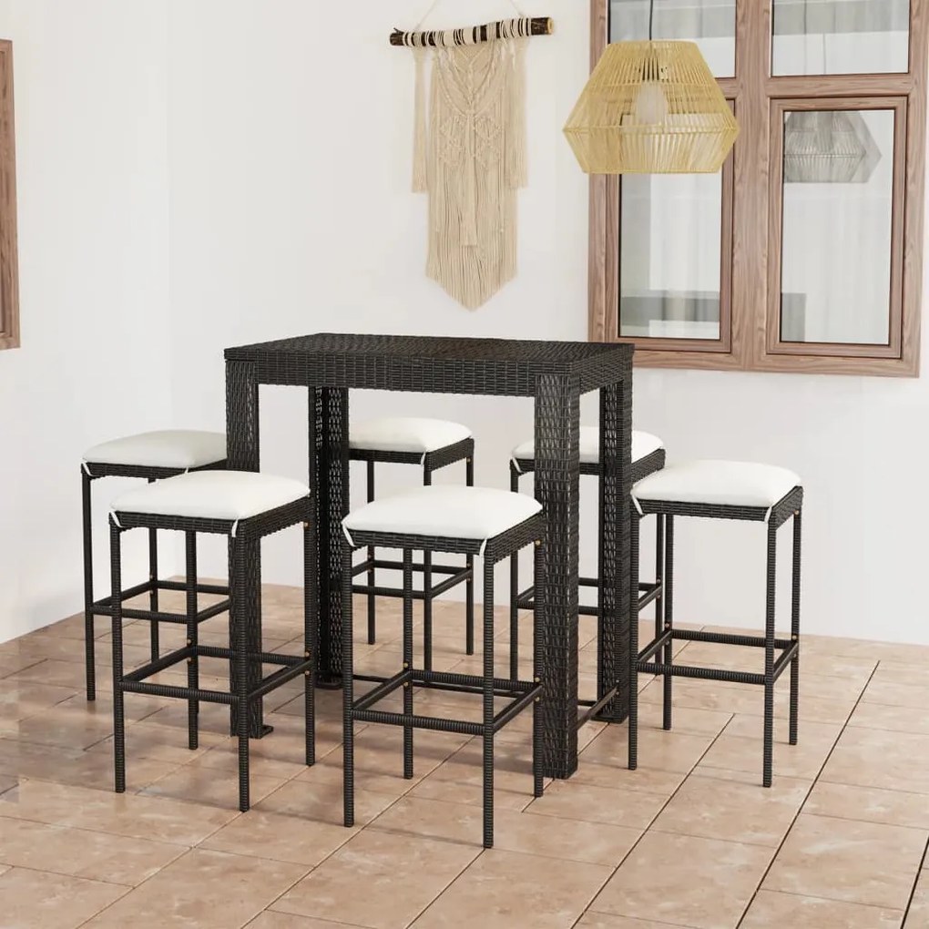 7dílný zahradní barový set s poduškami polyratan černý 3064784