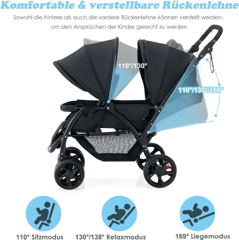 Costway Sourozenecký kočárek skládací kočárek pro dvojčata s nastavitelným