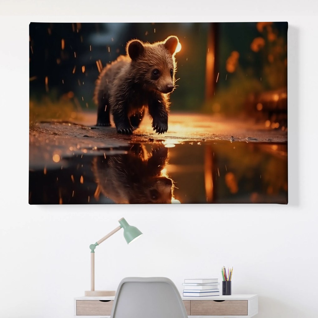 Obraz na plátně - Mládě medvěda v louži FeelHappy.cz Velikost obrazu: 120 x 80 cm