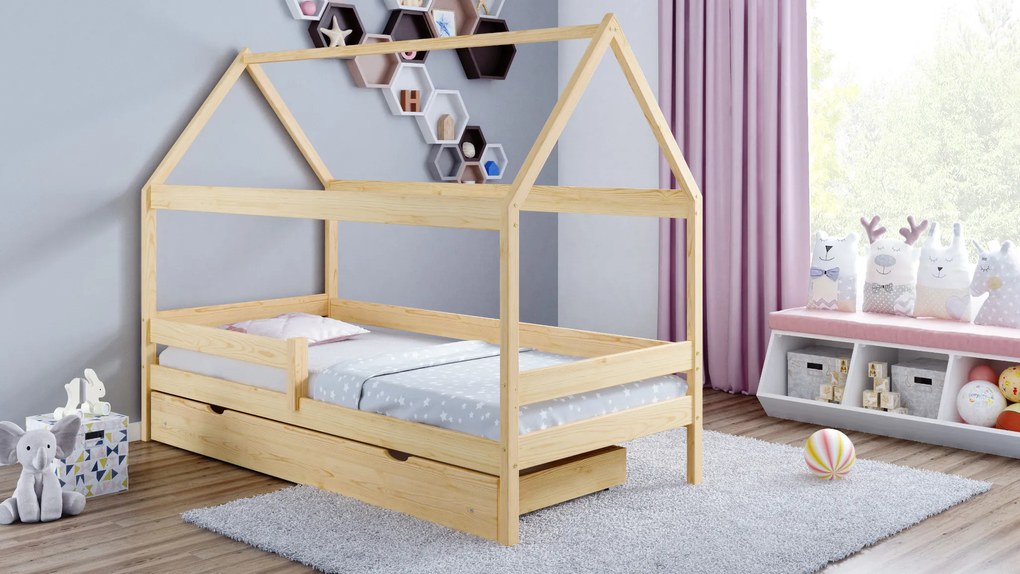 BabyBeds Dětská postel z masivu domeček borovice Velikost postele: 160x80 cm, Úložný prostor: Dva menší šuplíky na kolečkách Borovice