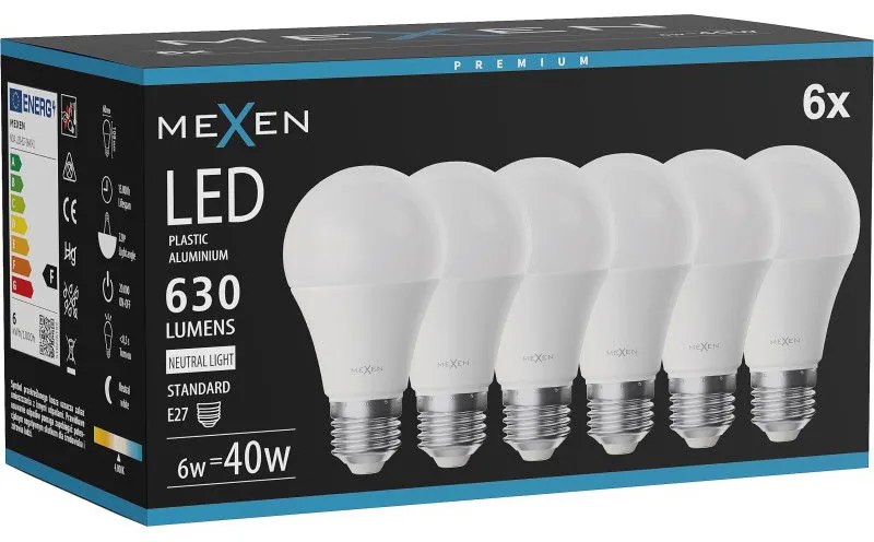 Mexen Nova 6x LED žárovka E27, A60, 6W, Neutrální - 4000K, 630 lm - L100-E27-0640-01x06